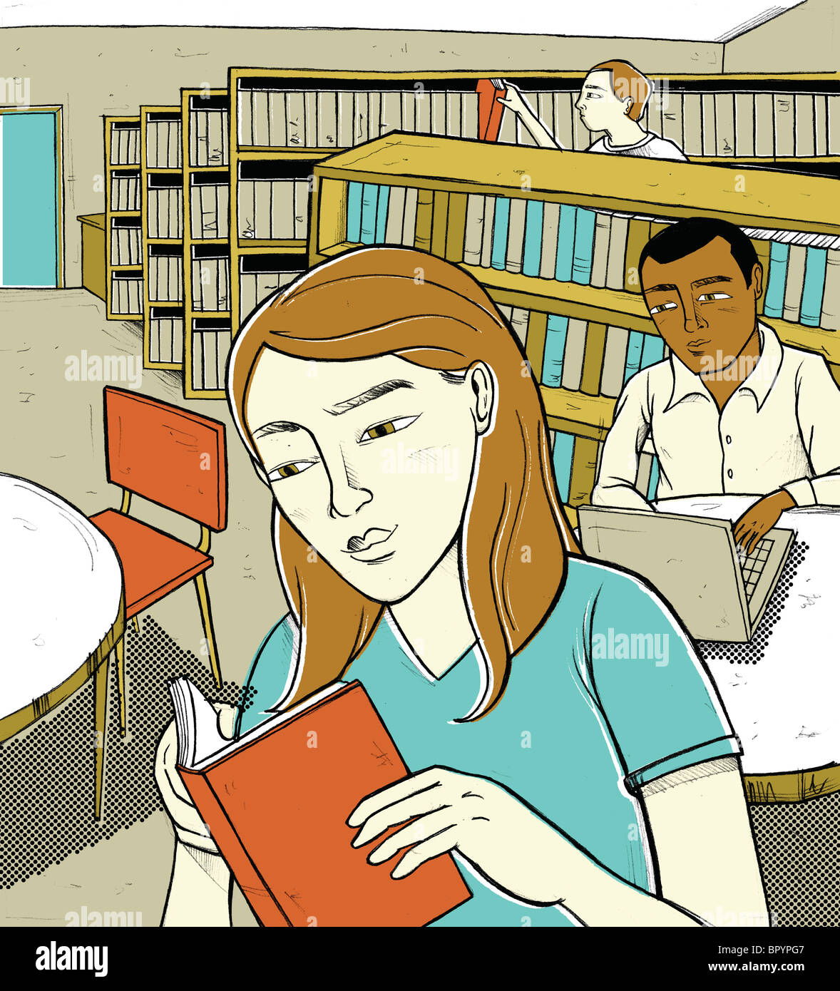 Students reading book and using computer in a library Stock Photo - Alamy
