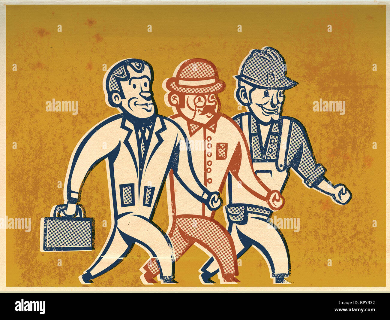 Drawing of three men walking to work Stock Photo - Alamy