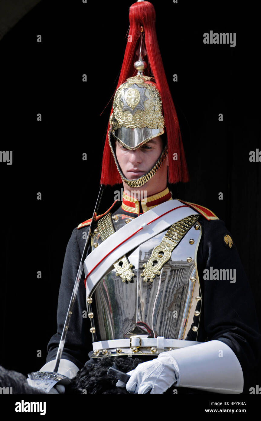 A close up of a mounted Horse Guard, Life Guards Regiment, on guard ...