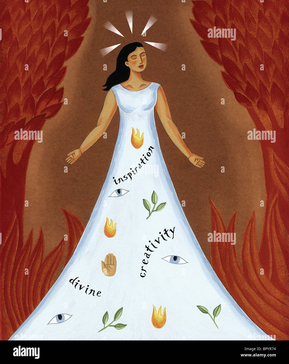 A woman wearing a long white gown with words and symbols on it Stock ...