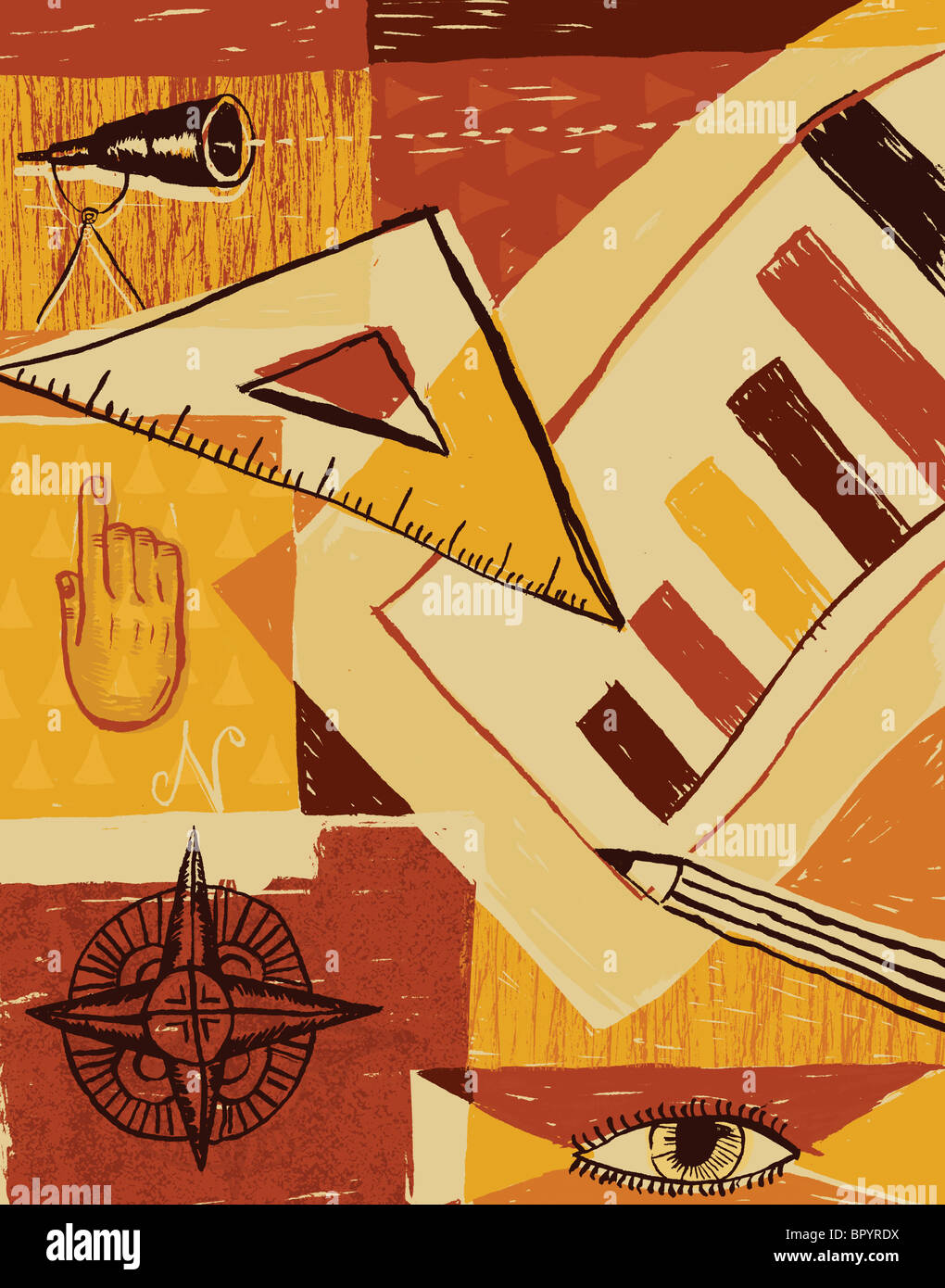 Collage of a triangle ruler, pencil, telescope, eye, hand, chart and ...
