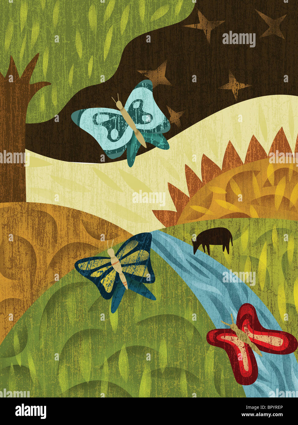 Nature scene of a stream, and butterflies flying overhead Stock Photo ...