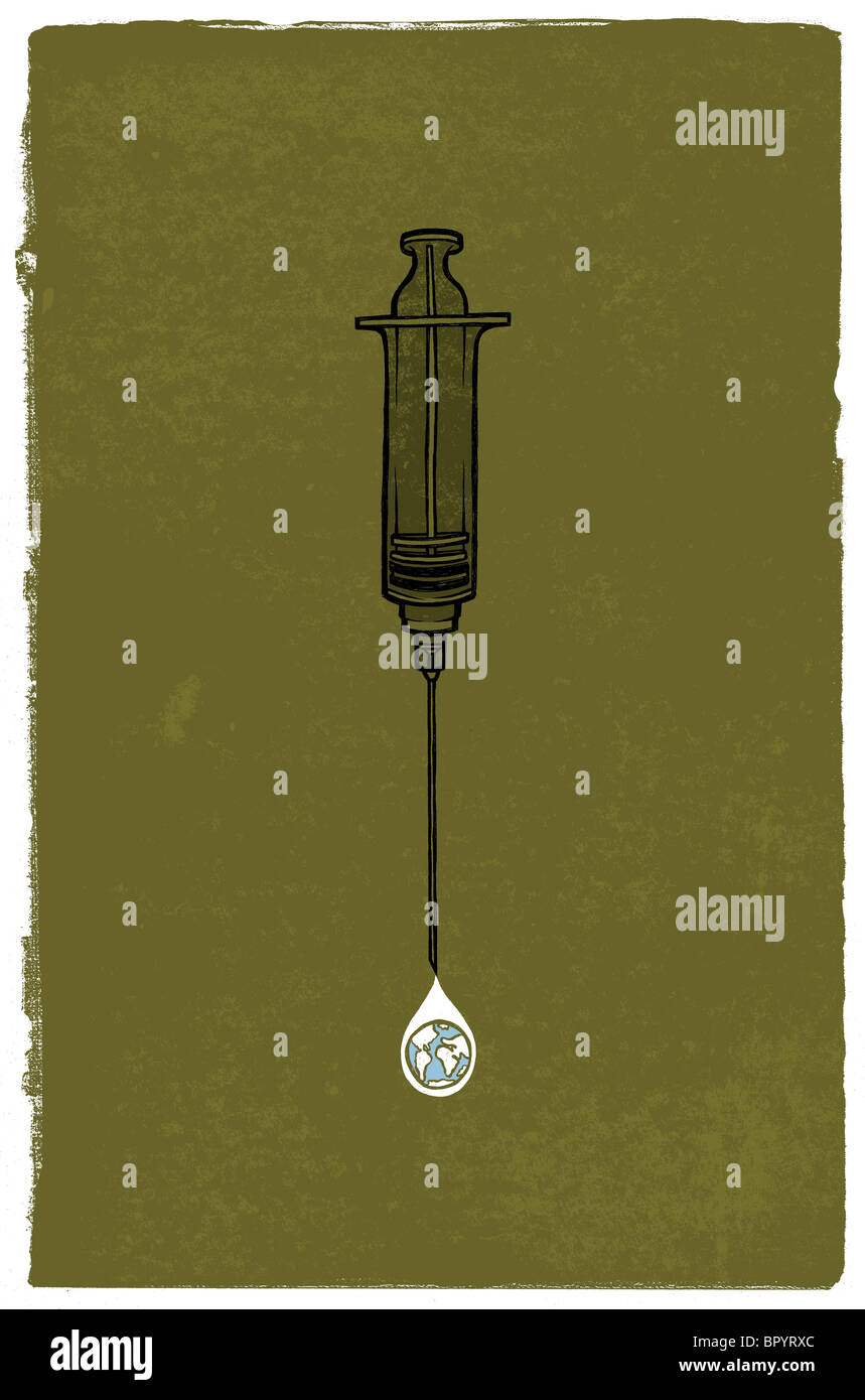 A syringe with a drip of medicine that has a globe in it Stock Photo ...