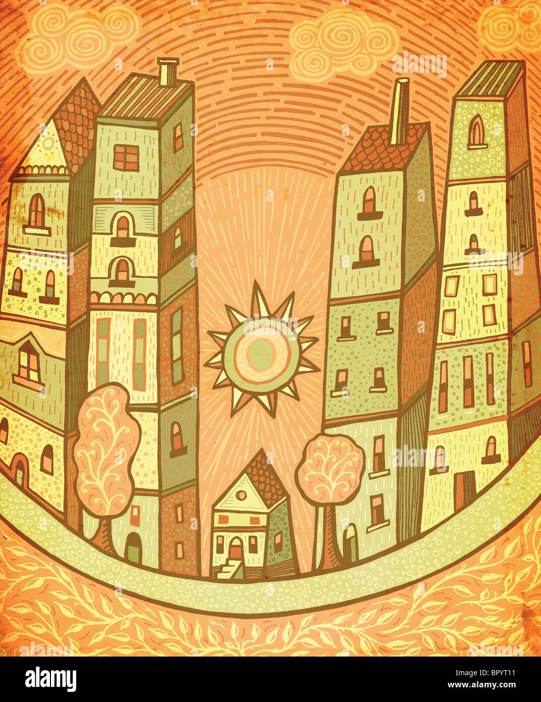 A house in the middle of four apartment high-rise towers Stock Photo ...