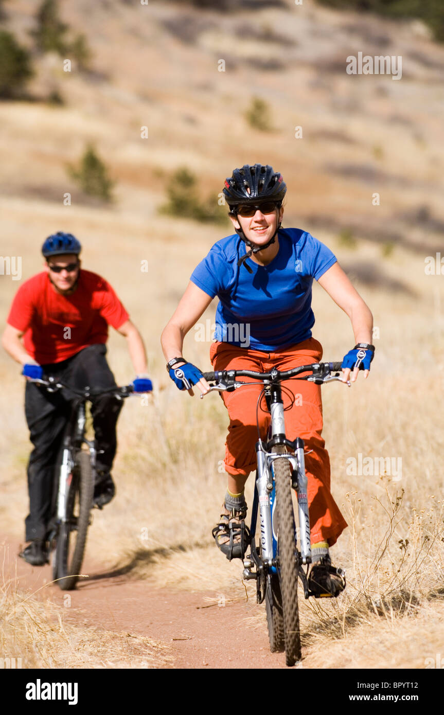 Two mountain bikers riding in Lory State Park, Fort Collins, Colorado ...