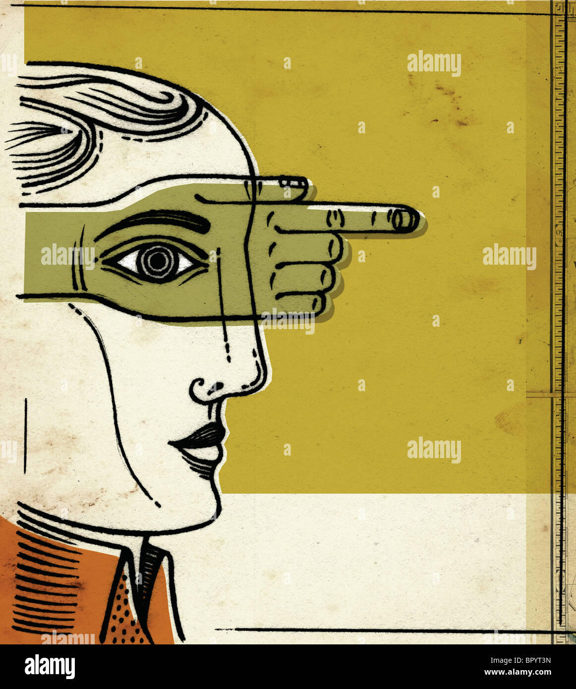 Profile of a man, with a hand pointing in the direction he is looking ...