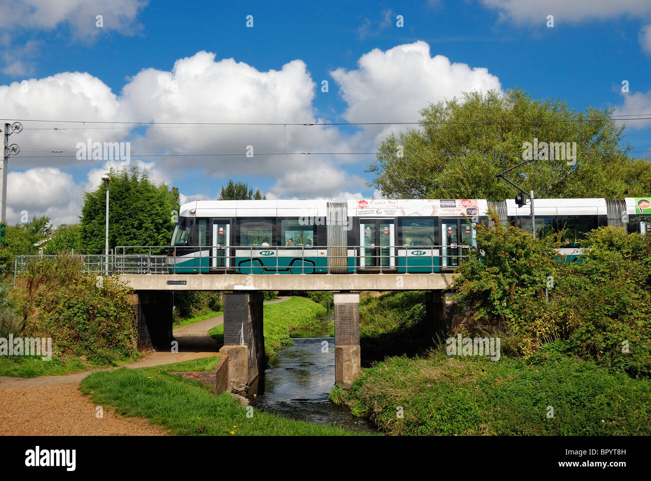 Nottingham express transit tram crossing the river leen Bulwell ...