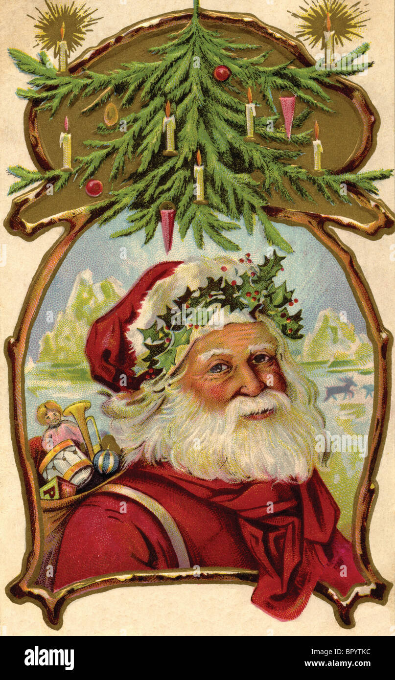 Vintage Christmas postcard of Santa Claus carrying a sack of toys underneath a Christmas tree ...