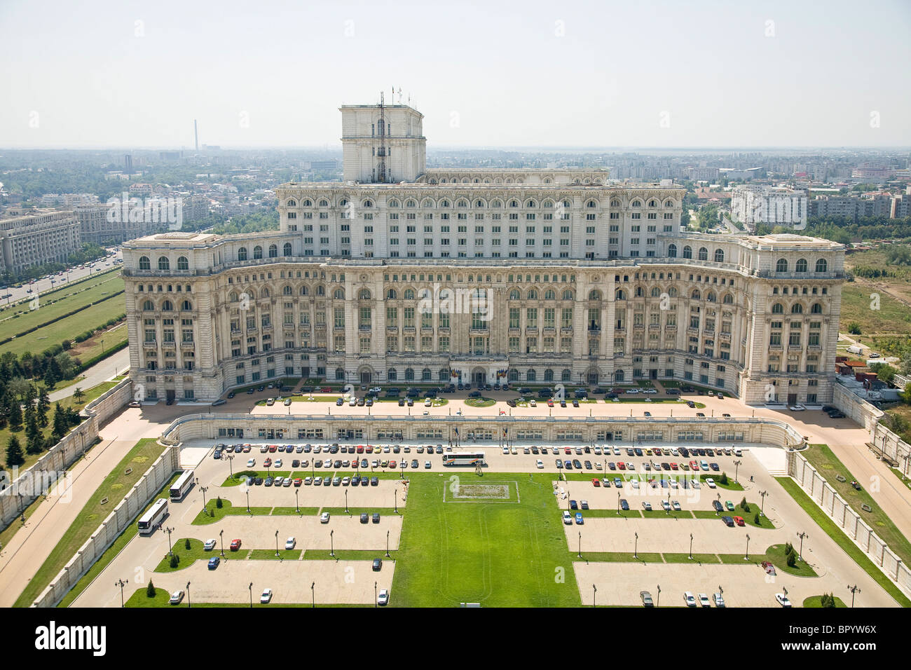 Aerial photograph of the Romanian Palace of Parliament in the city of ...