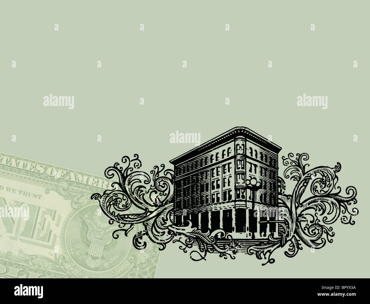 Bank building and a US dollar bill on a green background Stock Photo ...