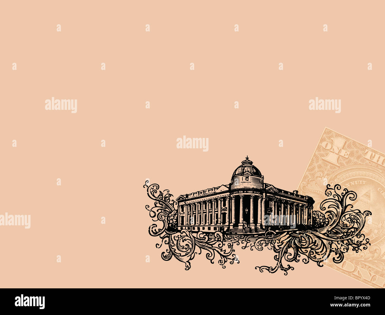 A colonial style bank building with a US dollar bill on pink background ...