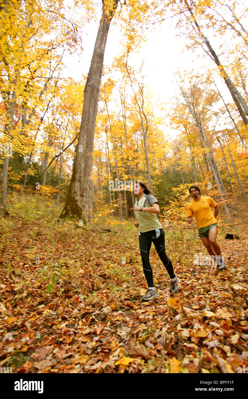 A couple run under fall color on the Boogerman Loop trail in the ...