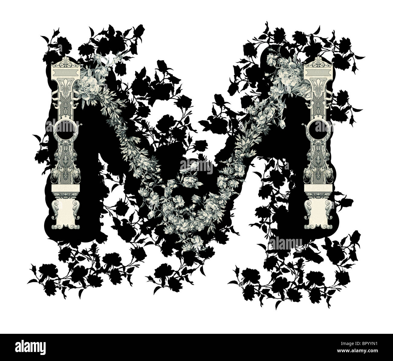 Luxuriously illustrated old capital letter M with flowers Stock Photo ...