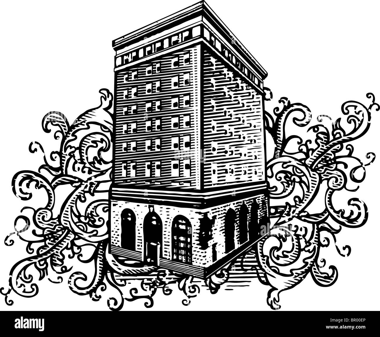 Old high-rise building on floral background shapes Stock Photo - Alamy