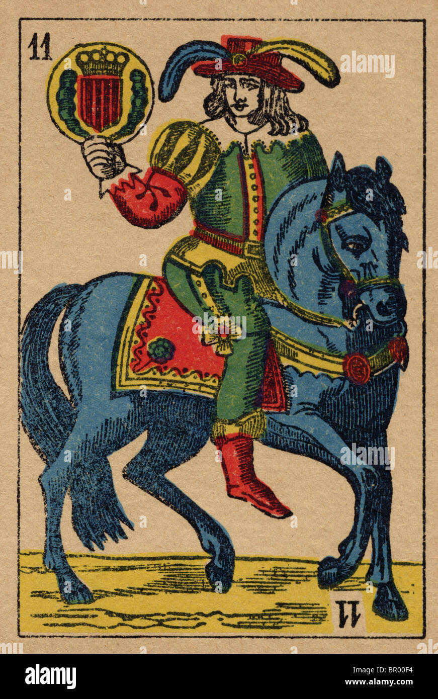 Vintage playing card showing a prince with feathered hat holding a coat ...
