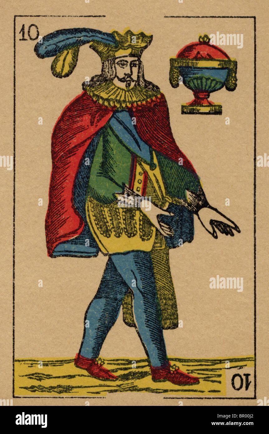 Vintage playing card showing a prince with feathered hat and an urn ...