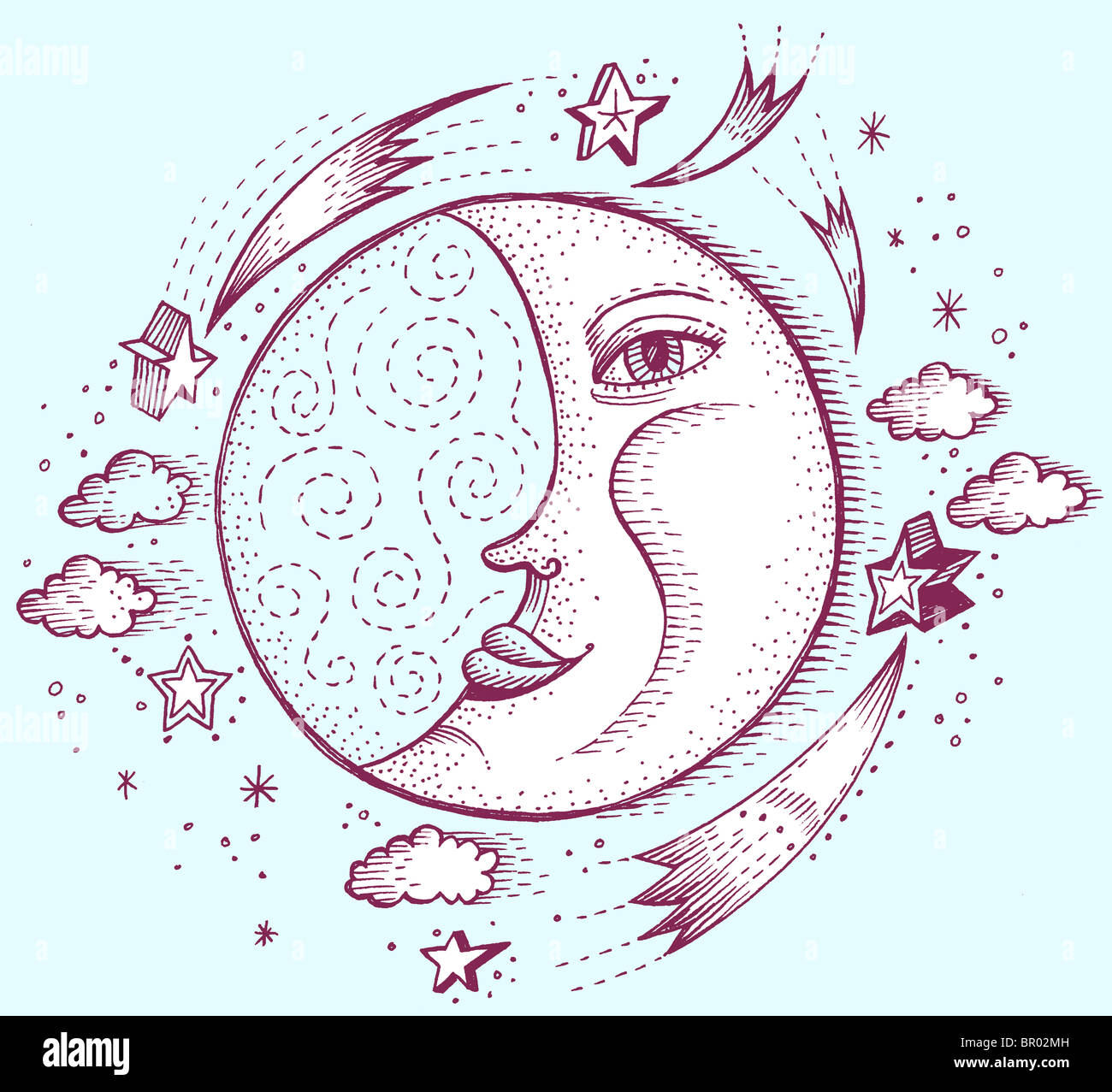 A moon with a human face, and shooting stars and clouds around it Stock ...