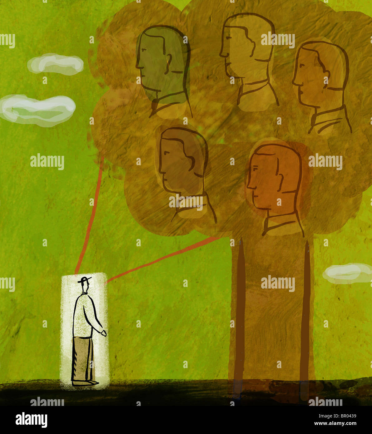 Illustration of a man standing in front of a tree with five human heads ...