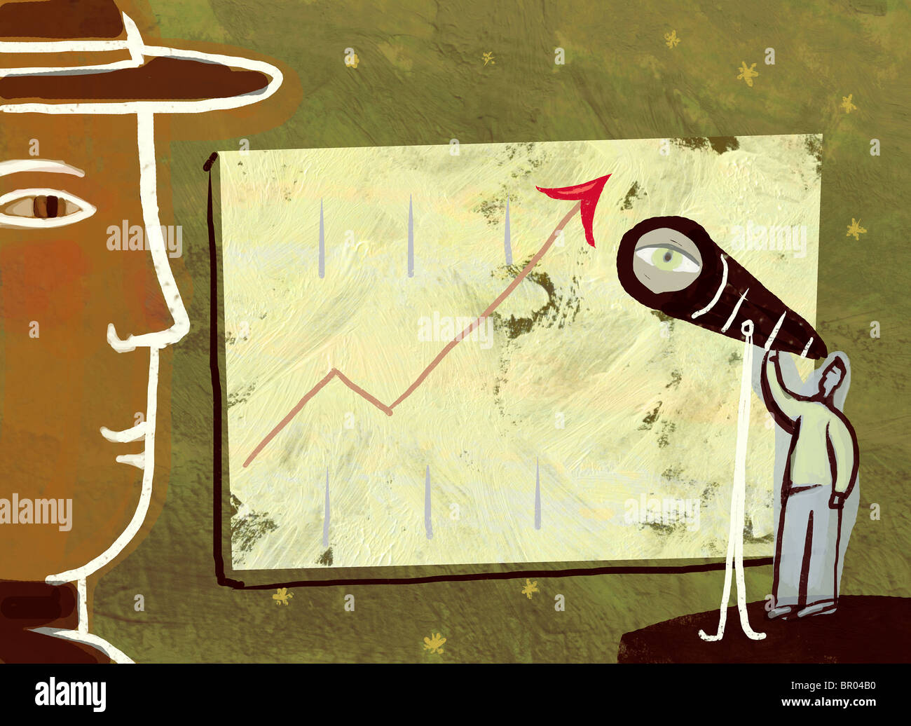 A man watching a small man looking through a telescope at a chart Stock ...