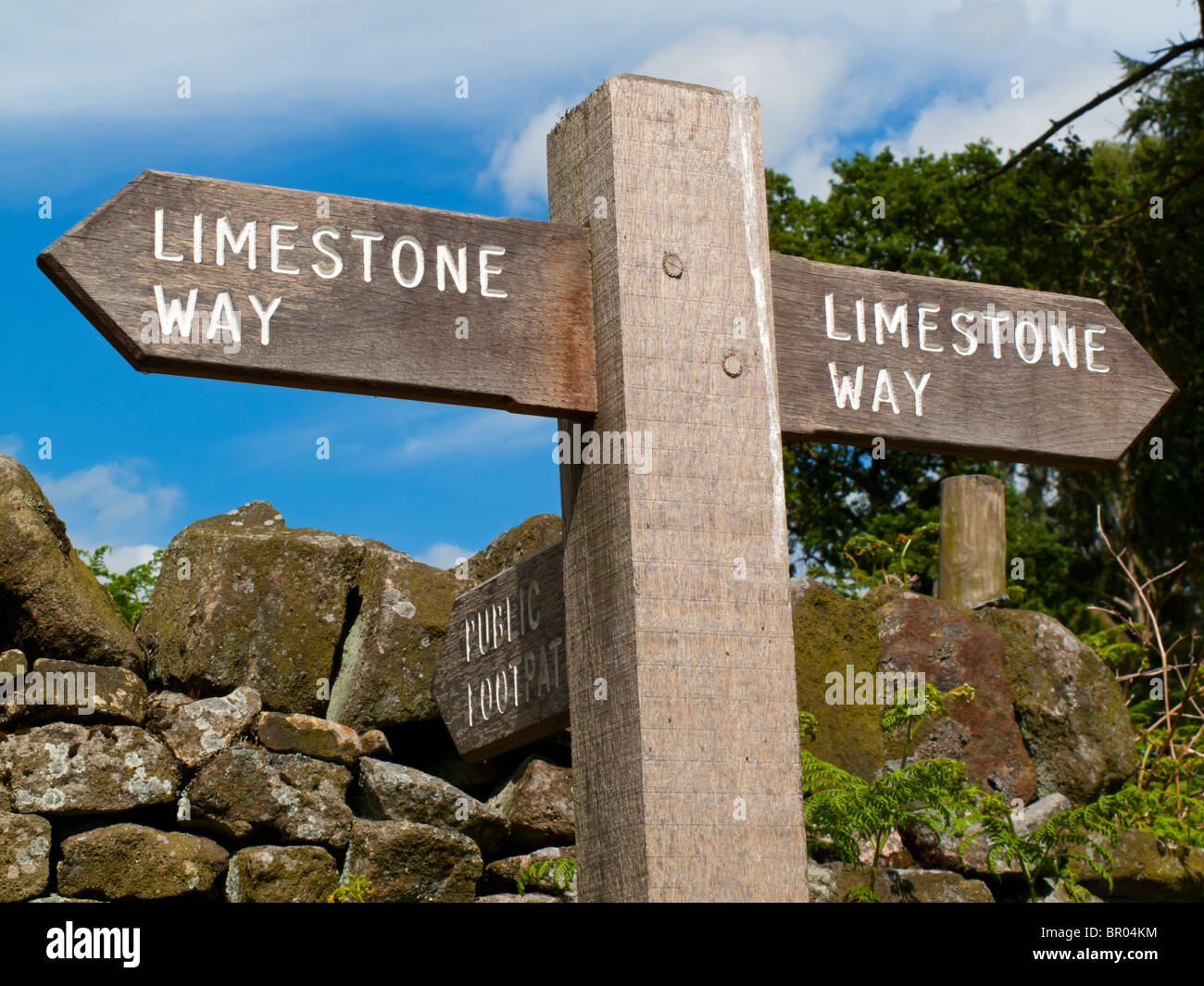 Wooden signpost on the Limestone Way a long distance bridleway in the ...