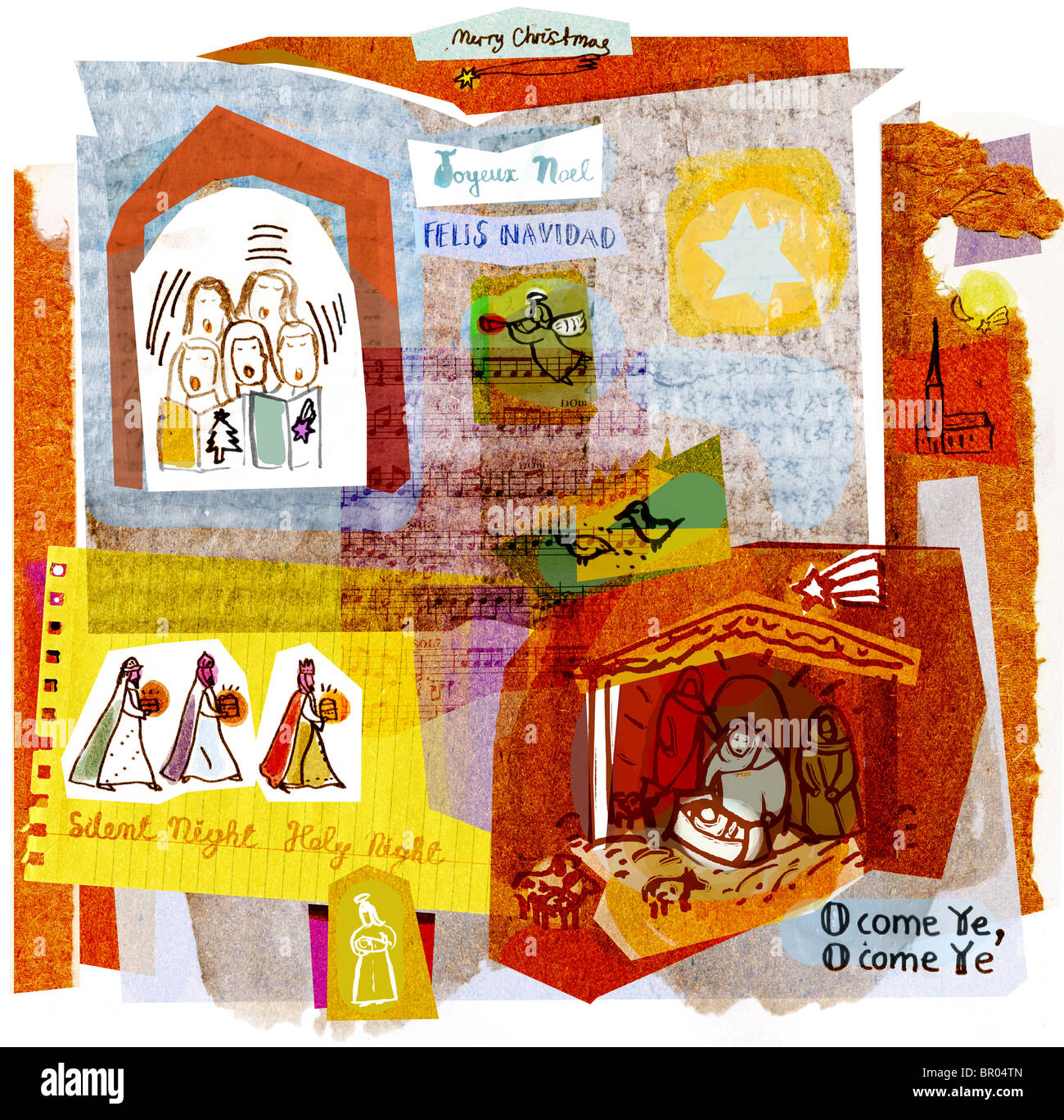 A collage illustration of Christmas carols,angels,singers,and the ...