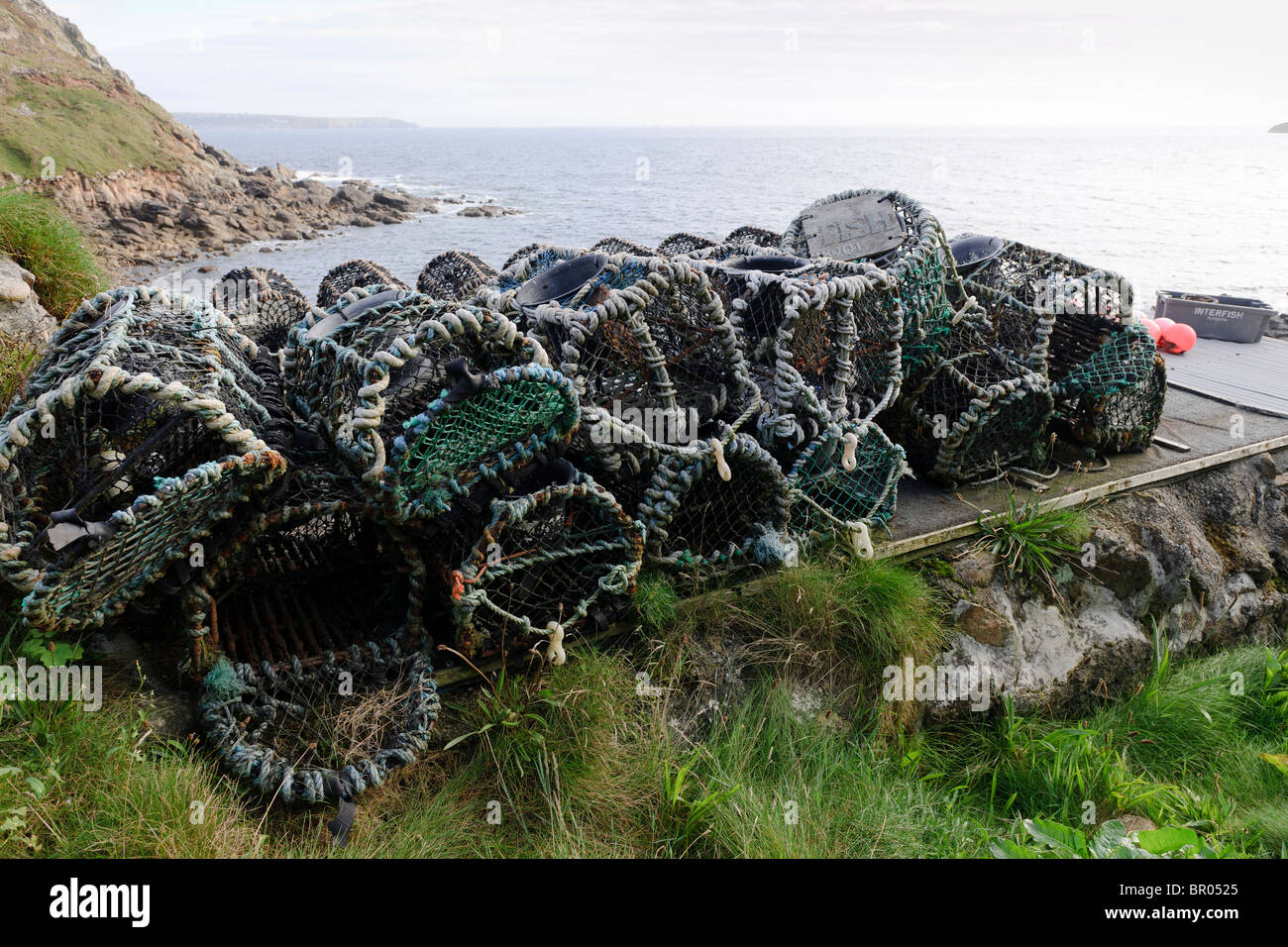 Fishing nets and lobster pots in Cornwall Stock Photo - Alamy