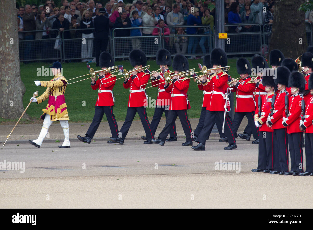 The Band of the Grenadier Guards marching onto Horse Guards Parade, at "Trooping the Colour ...