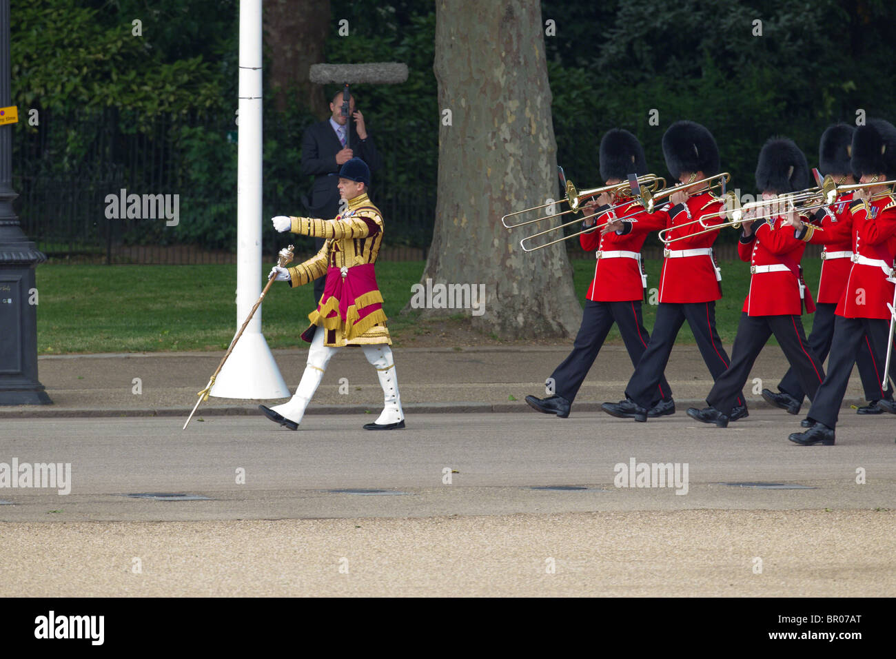 The Band of the Grenadier Guards marching onto Horse Guards Parade, at "Trooping the Colour ...