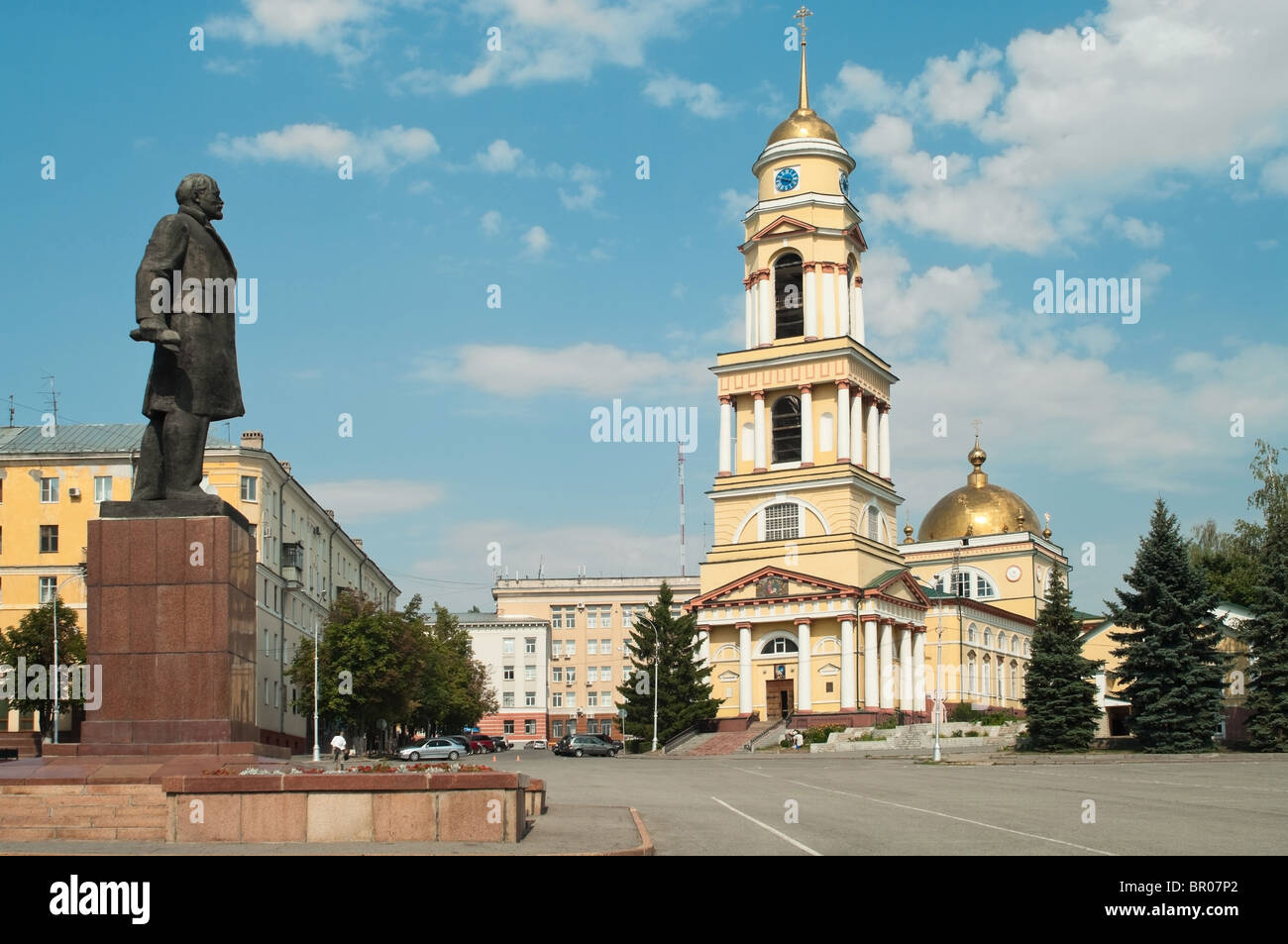 Lenin statue and Church of Christmas in Lipetsk, Russia. Nativity of ...