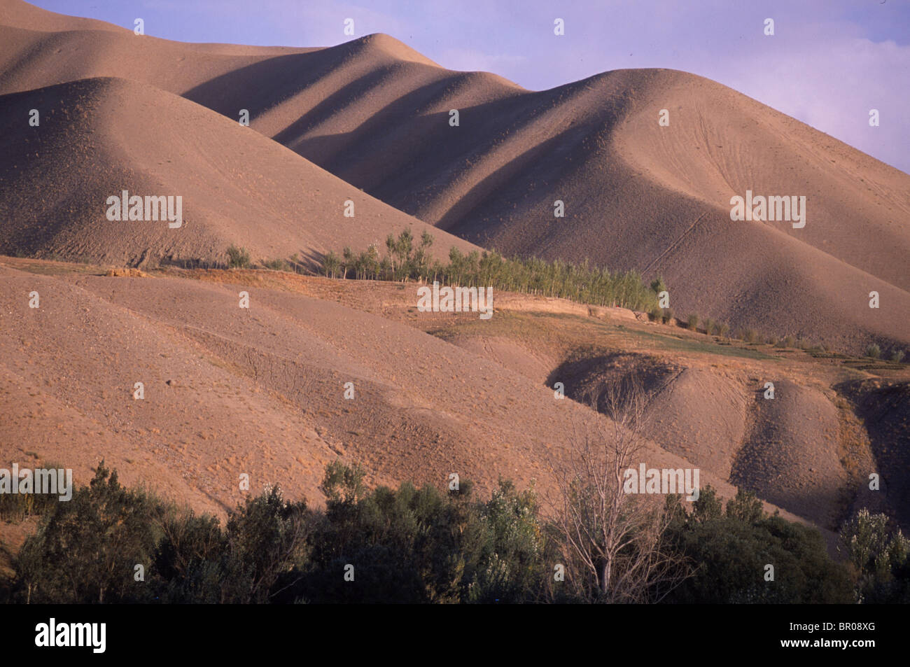 Dry desert hills rise above irrigated orchards of the Foladi Valley ...