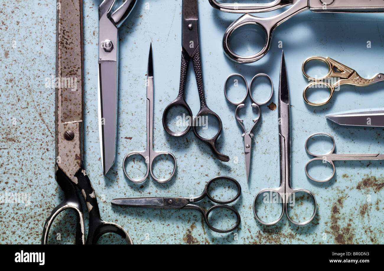 many variety of scissors laid on a rusted blue background Stock Photo ...