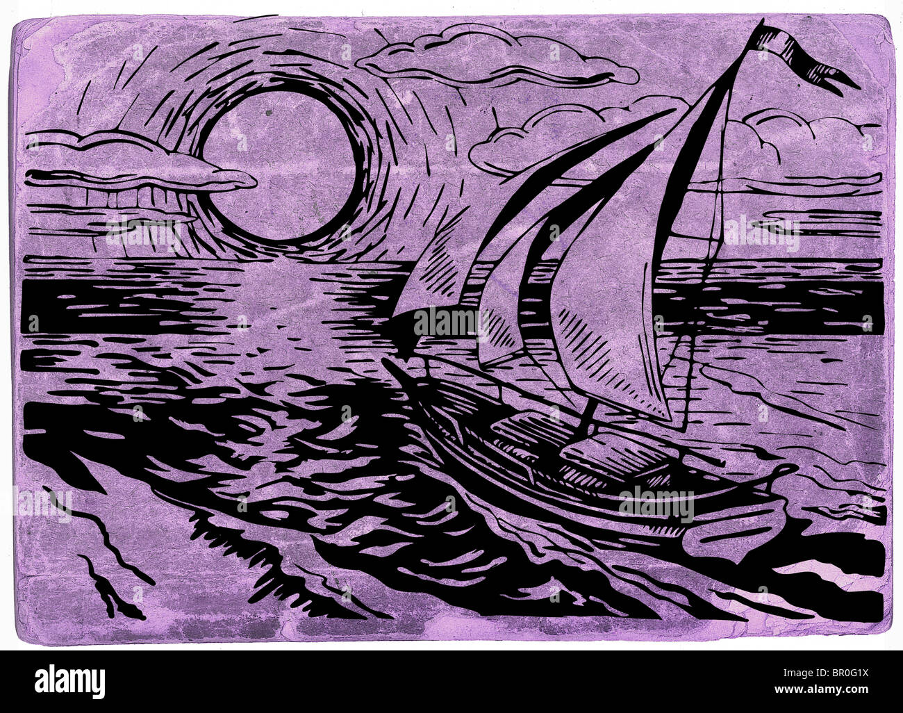 Boat sailing into a sunset on purple background Stock Photo - Alamy
