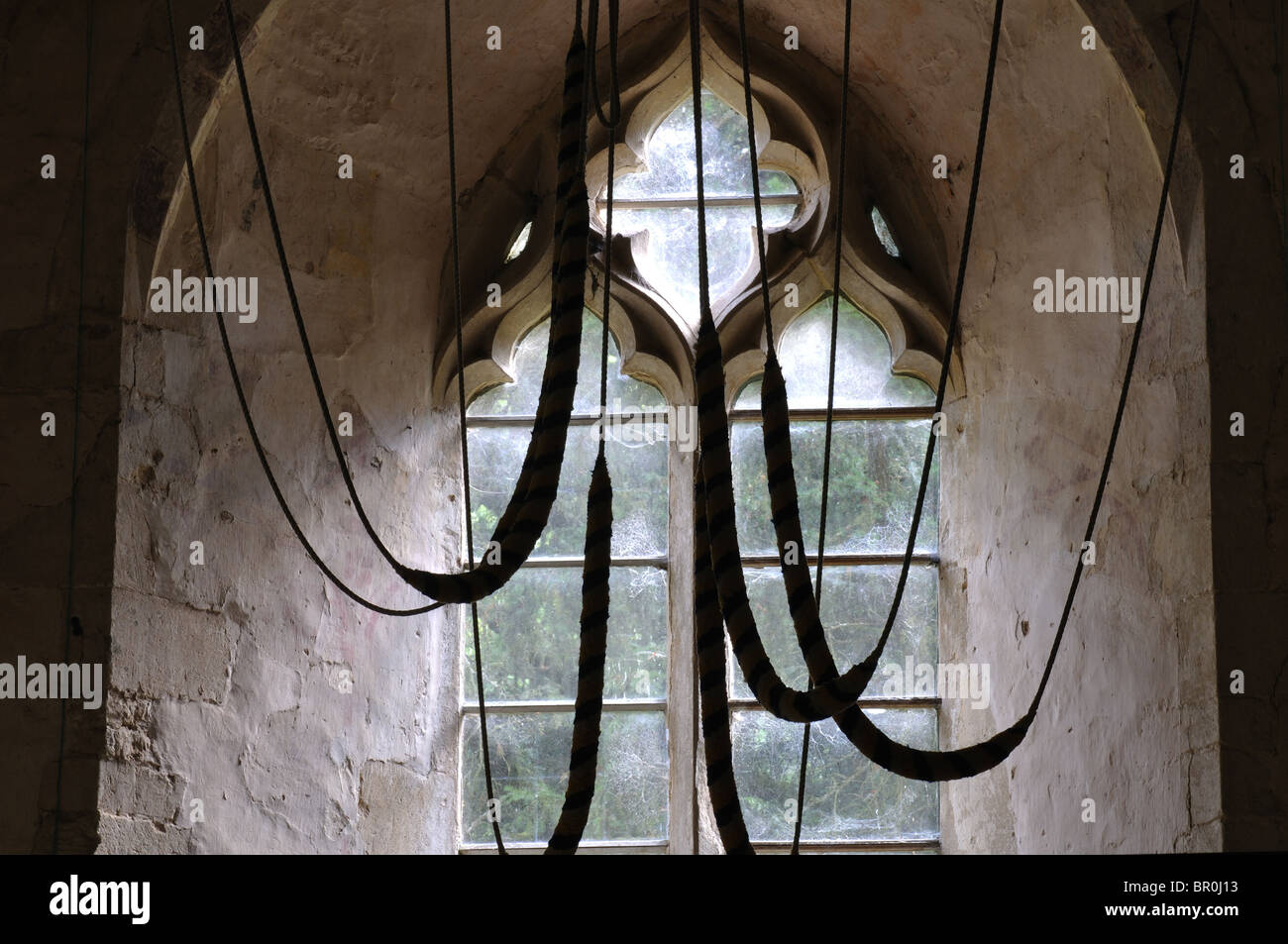 Bell ropes in St. Nicholas Church, Oddington, Gloucestershire, England ...