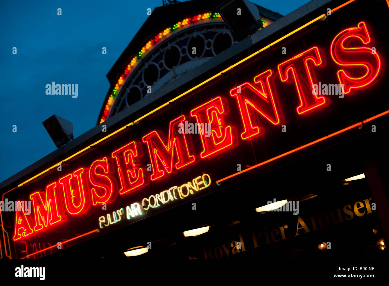 amusement arcade illuminated neon sign, Aberystwyth Pier, UK Stock ...