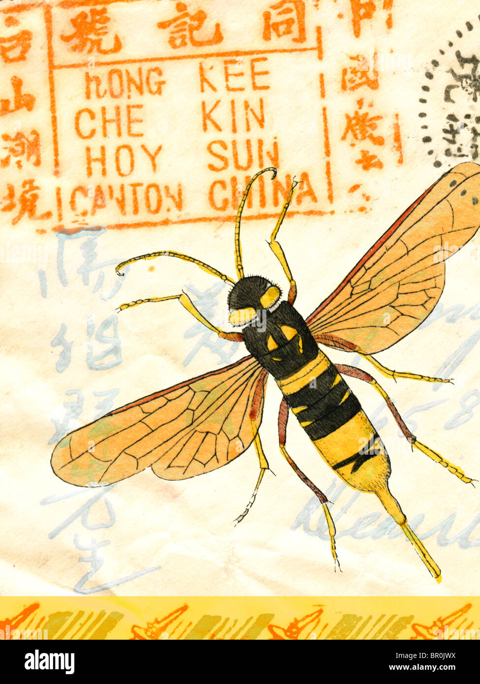 An old envelope with stamps from China, Chinese characters and a wasp ...