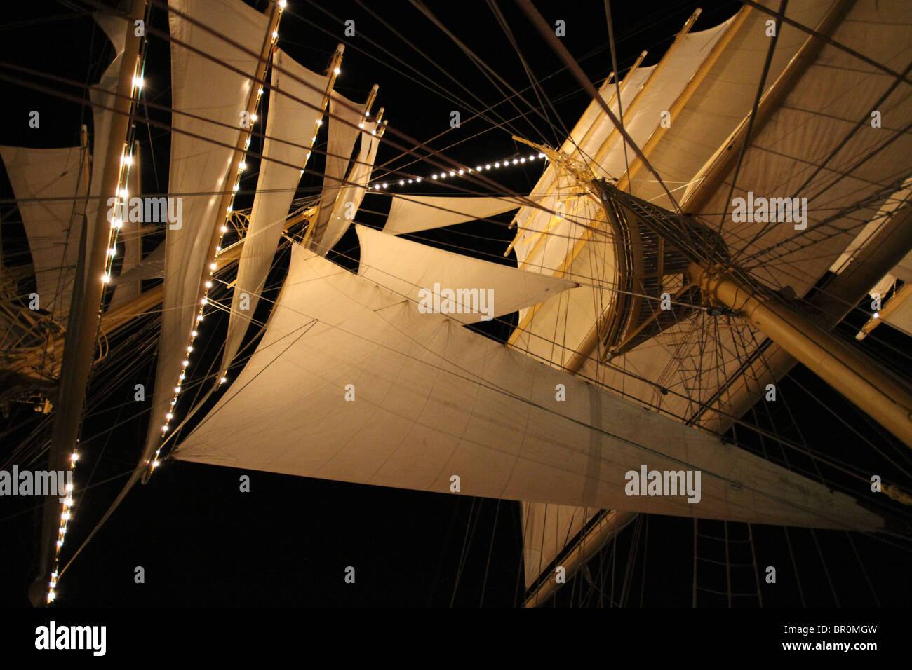 The Royal Clipper Ship at night with sails up and the lights on Stock ...