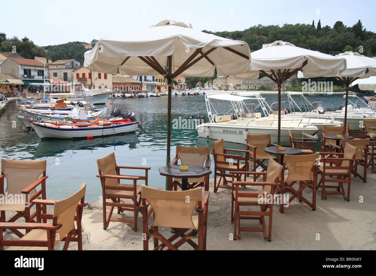 Loggos Paxos, harbour side taverna, Paxos Greece Stock Photo - Alamy