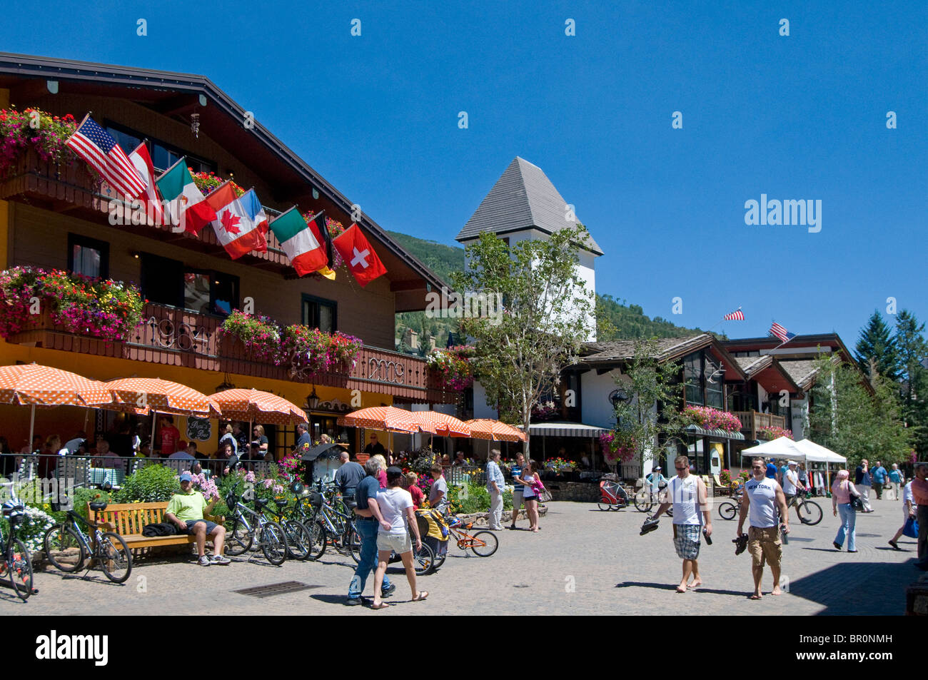 Colorful restaurants and pedestrian streets of Vail village Colorado ...