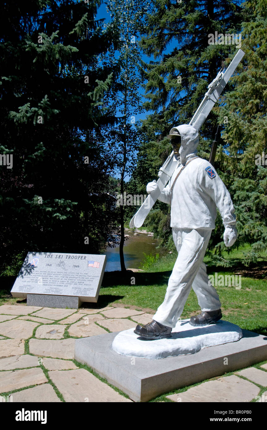 Memorial statue of 10th Mountain Division ski soldiers at Vail Colorado ...