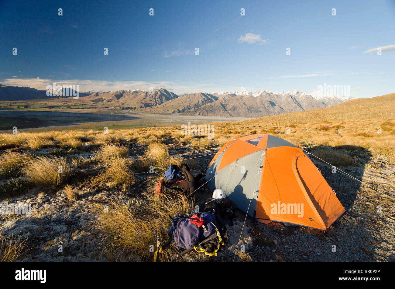 New Zealand, South Island, Potts Range. Campsite with view of Two Thumb ...