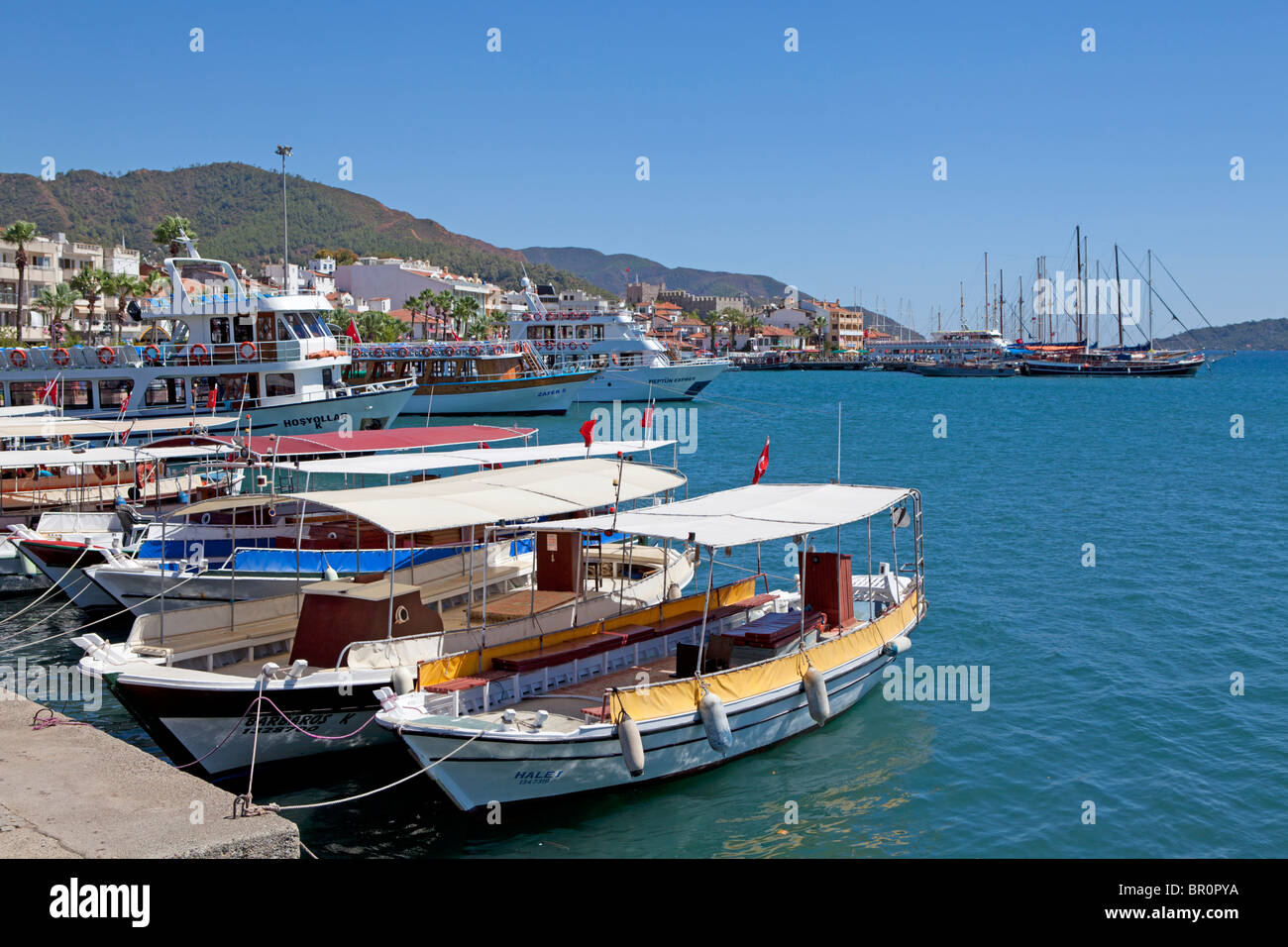 excursion boats at the harbour of Marmaris, Turkish Aegean Sea, Turkey ...