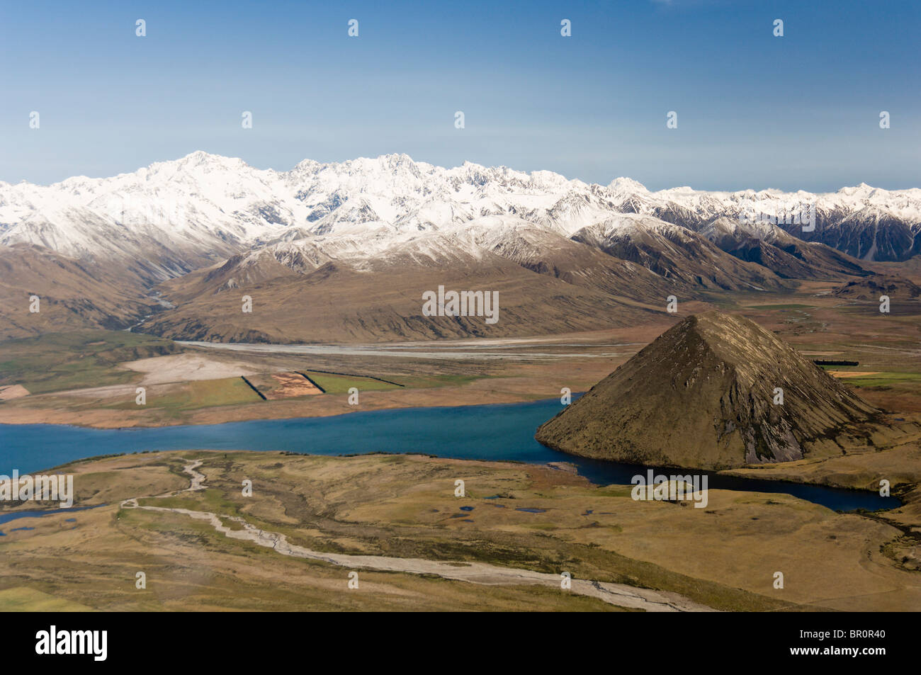 New Zealand, South Island, Arrowsmith Range. Aerial view of Lake Heron ...