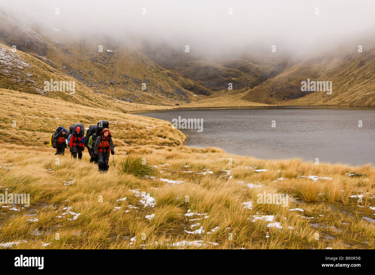 New Zealand, South Island, Lake Morgan. NOLS course backpacking along ...