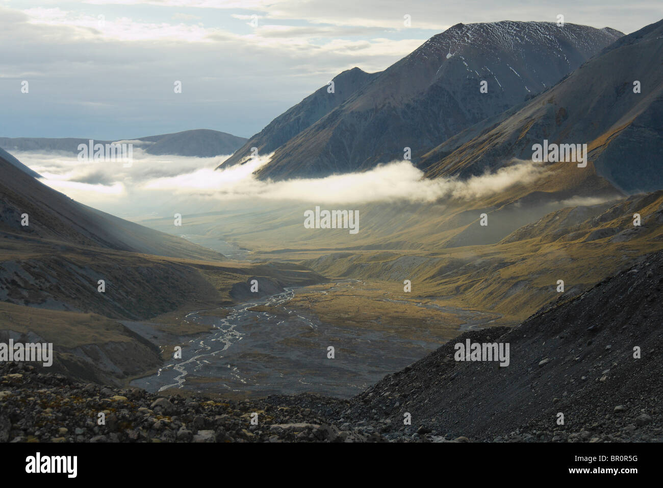 New Zealand, South Island, Arrowsmith Range. Morning fog over Ashburton ...