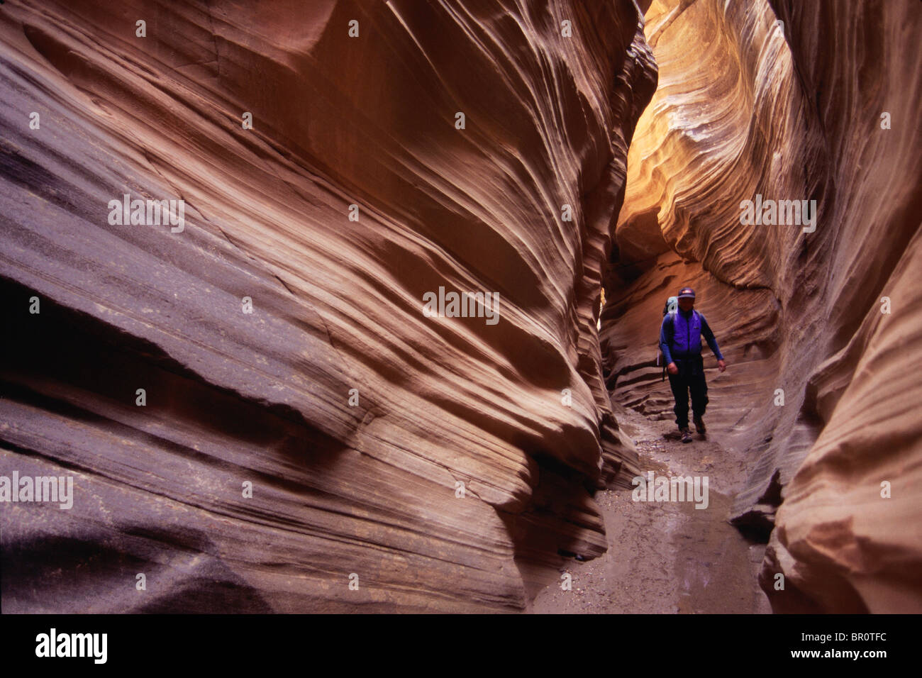 A man stands between rock walls while canyoneering in Moab, Utah Stock ...