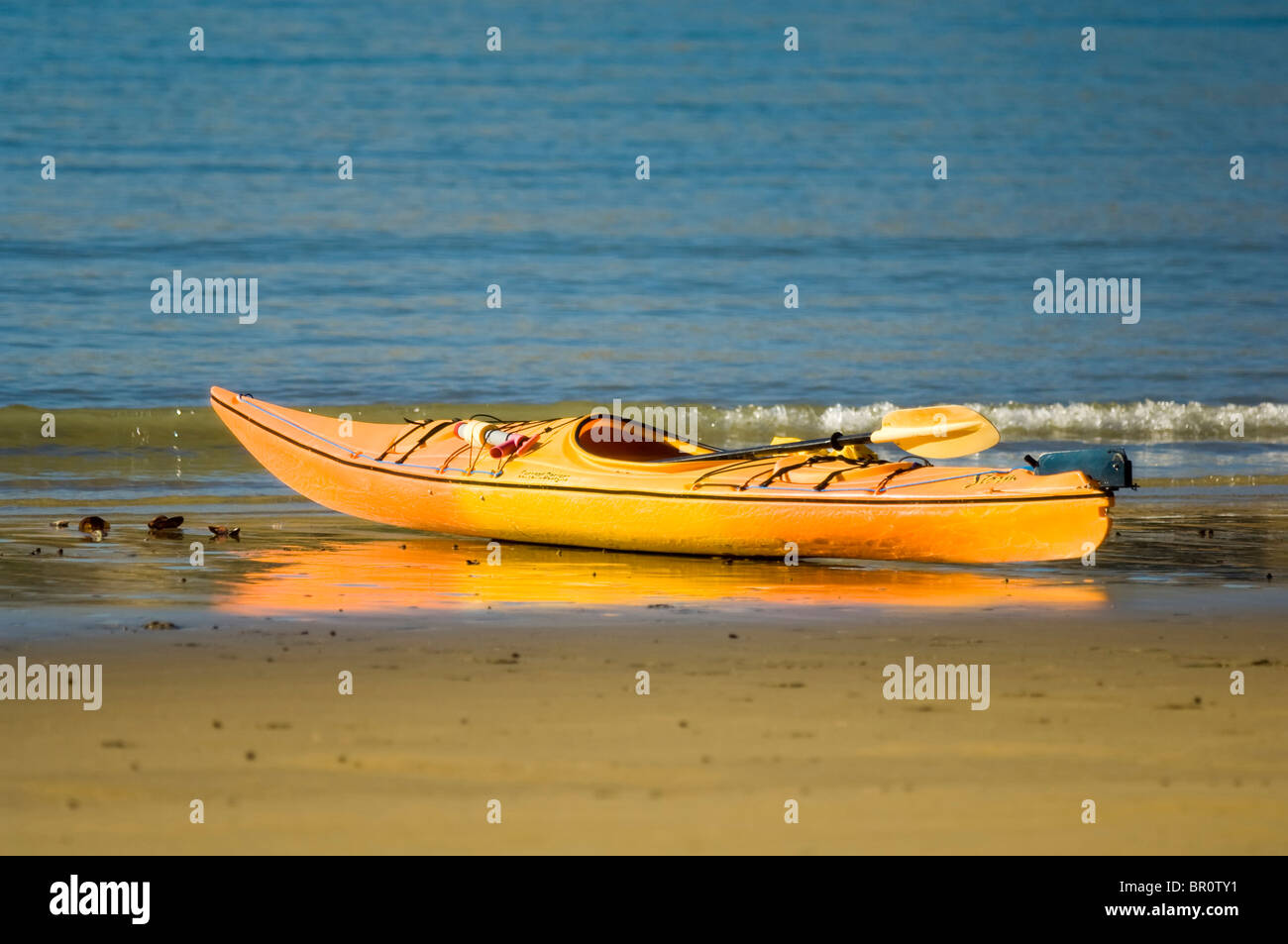 New Zealand, South Island, Marlborough Sounds. Sea kayak on the beach ...