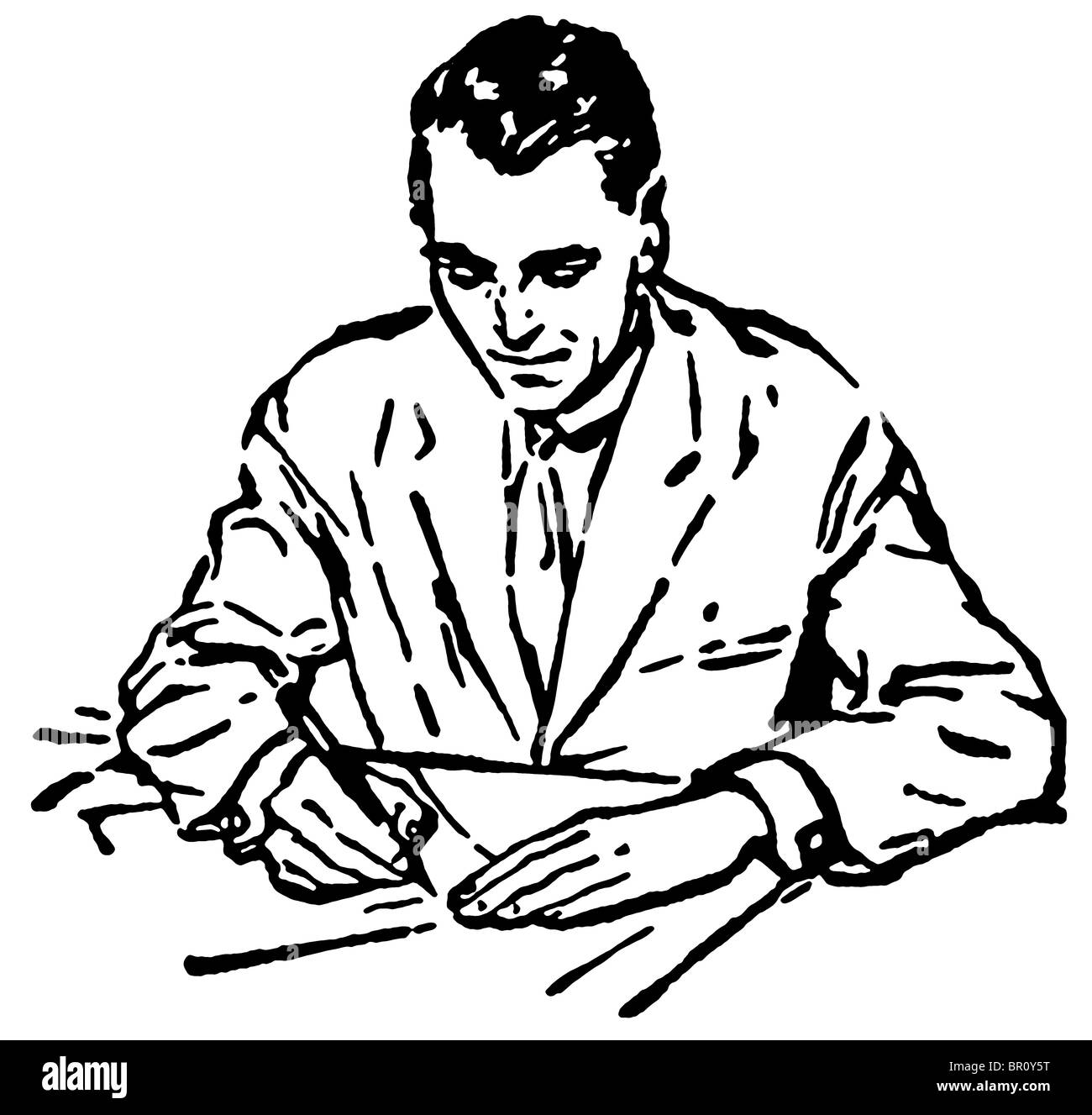 A black and white version of a man writing at a desk Stock Photo - Alamy
