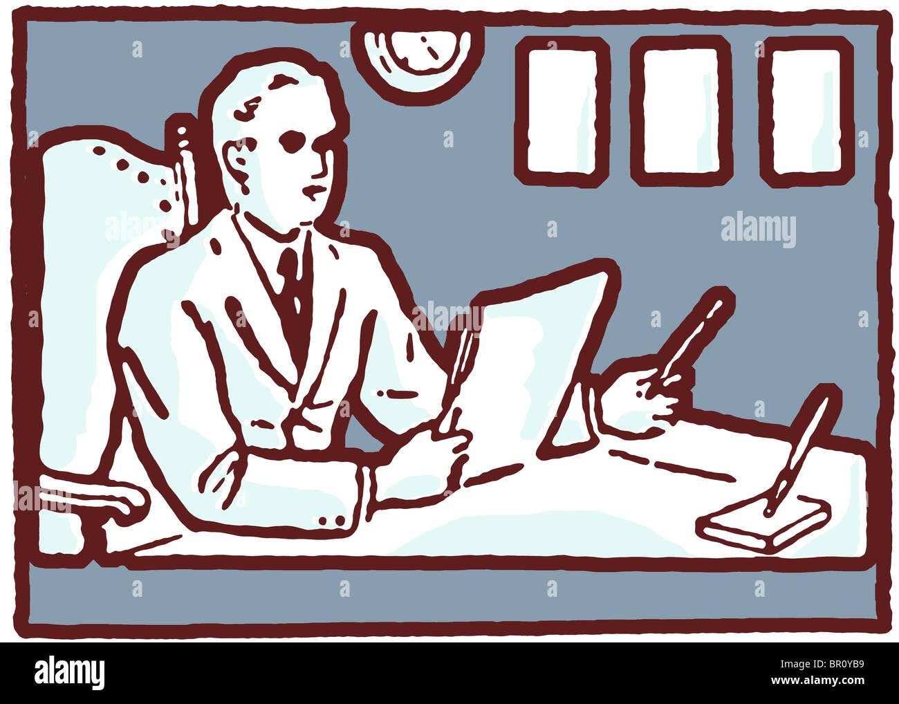 An illustration of a man working at his desk Stock Photo - Alamy