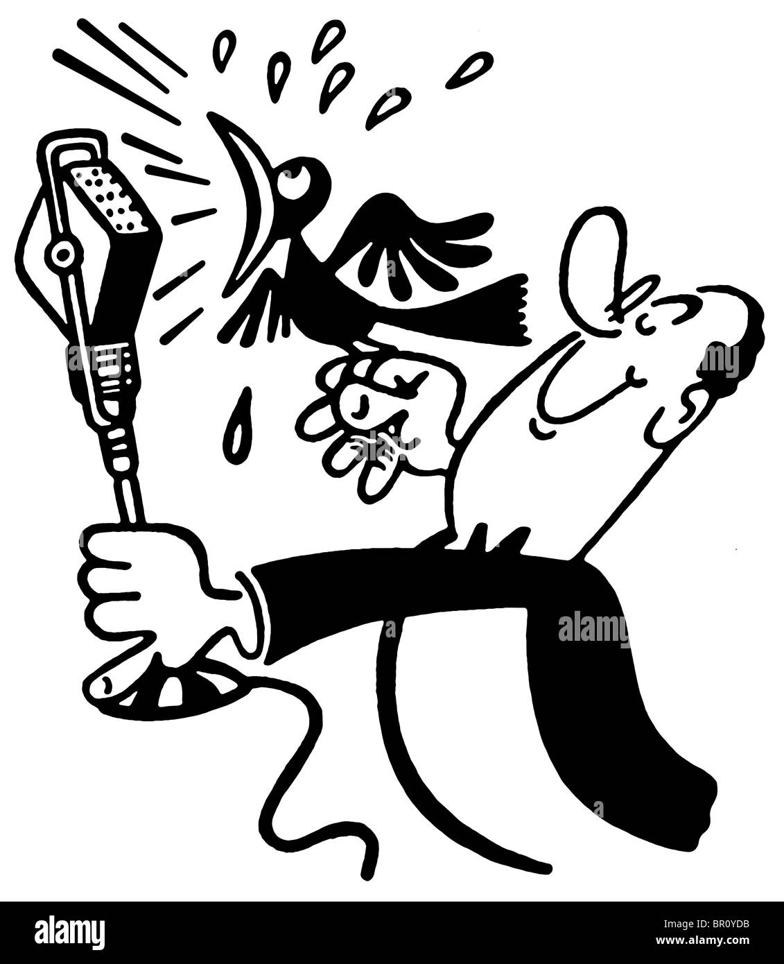 A black an white version of a cartoon style drawing of a man holding a ...