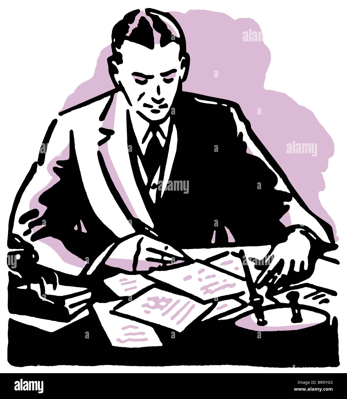 A graphic illustration of a business man working hard at his desk Stock ...